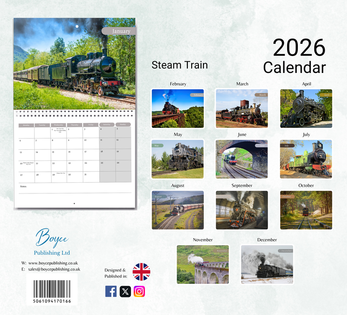 Steam Train Calendar 2026: Monthly Wall Calendar with Notes, opens to ...